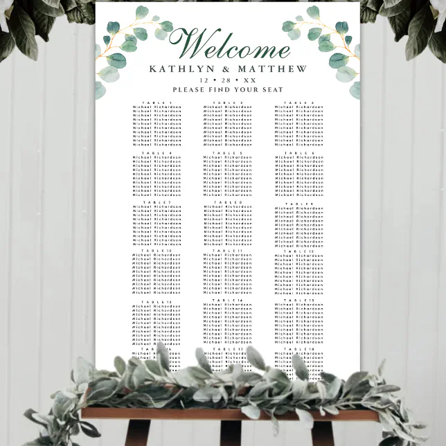 Elegant Eucalyptus Wedding 18 Table Seating Poster | Zazzle