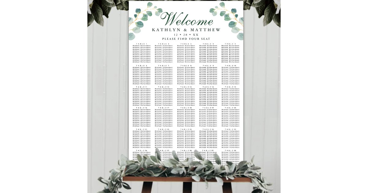 Elegant Eucalyptus Wedding 30 Table Seating Poster | Zazzle