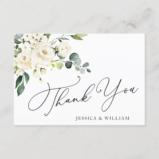 Elegant Eucalyptus White Roses Floral Thank You Card | Zazzle