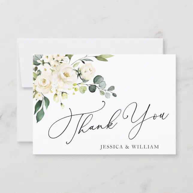 Elegant Eucalyptus White Roses Floral Thank You Card | Zazzle