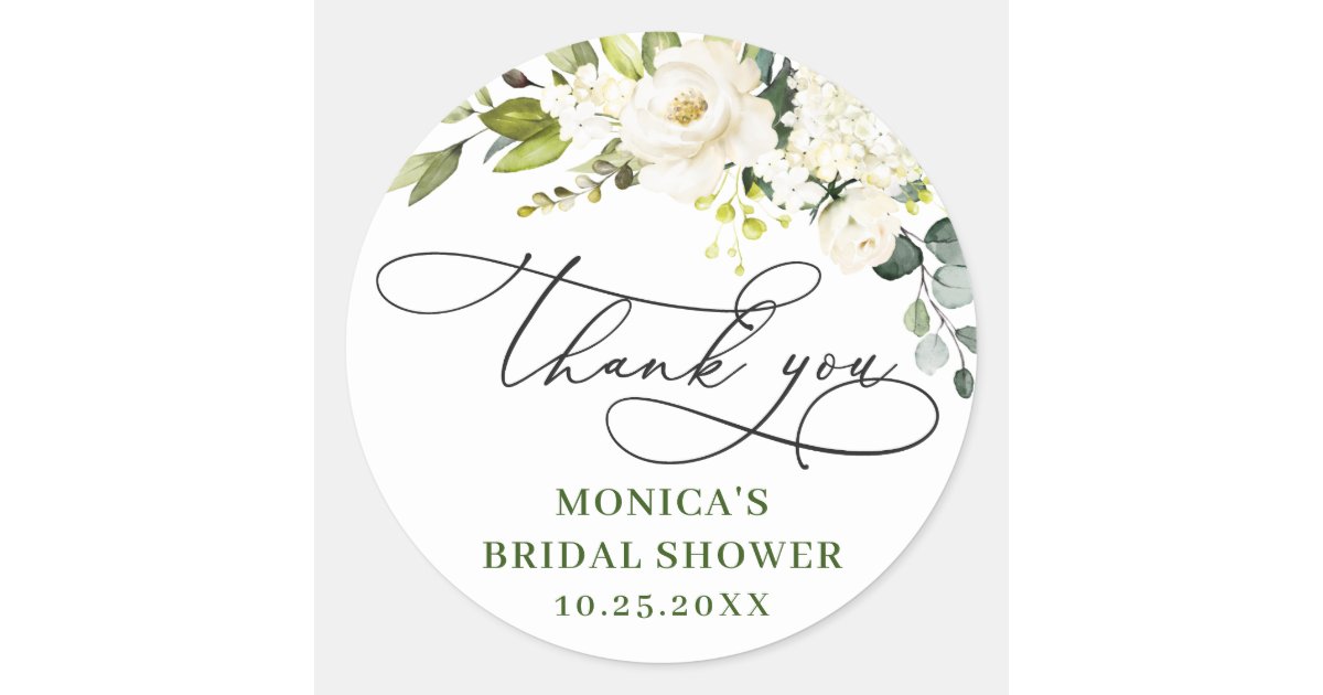 Elegant Eucalyptus White Roses Floral Thank You Classic Round Sticker | Zazzle