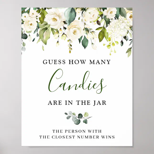 Elegant Eucalyptus White Roses GUESS Sign Poster | Zazzle