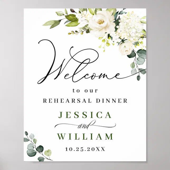 Elegant Eucalyptus White Roses Rehearsal Dinner Poster | Zazzle