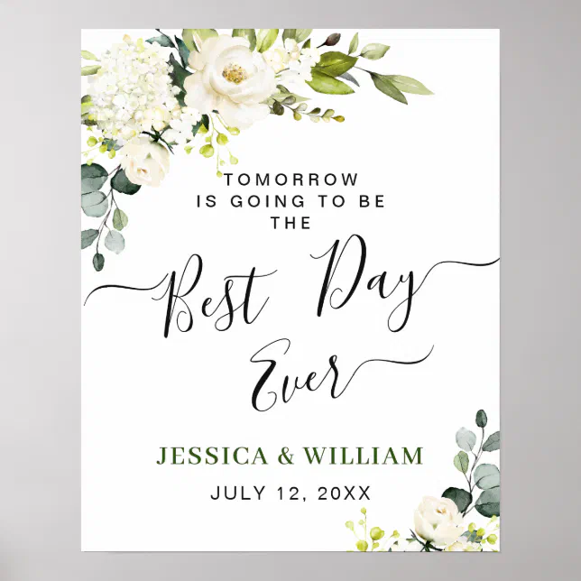 Elegant Eucalyptus White Roses Rehearsal Dinner Poster | Zazzle