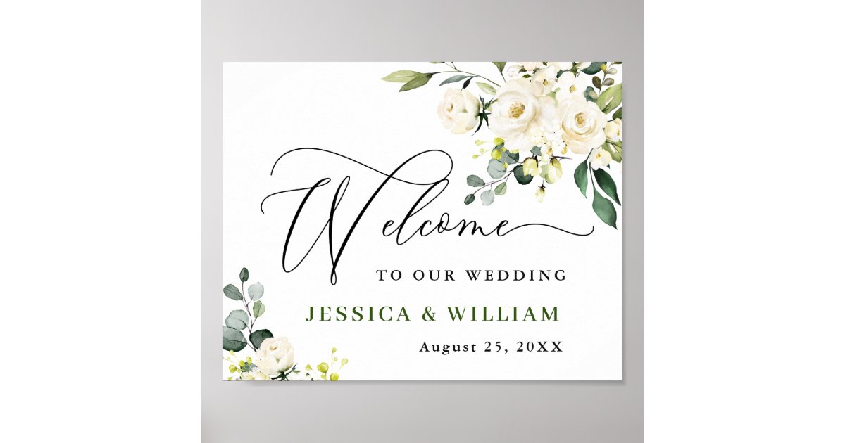 Elegant Eucalyptus White Roses Wedding Welcome Poster | Zazzle