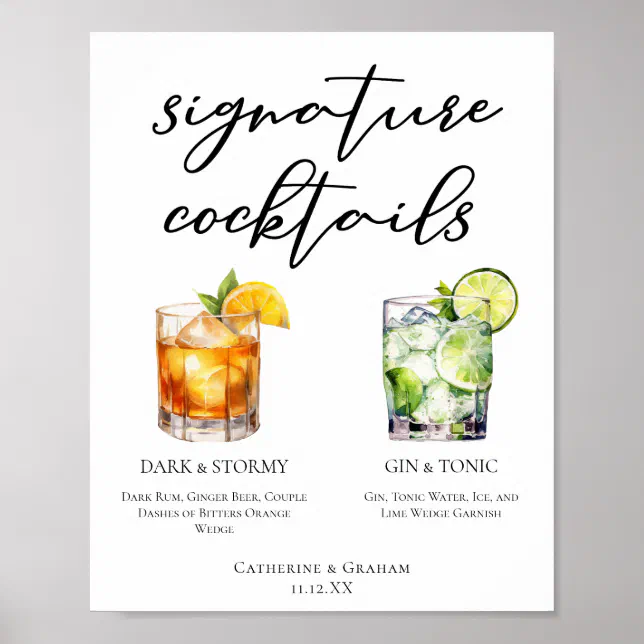 Elegant Evening Signature Cocktails Wedding Menu Poster | Zazzle