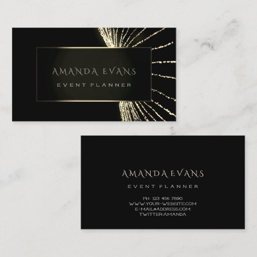 Elegant Event Planner Black Framed Golden Lights Business Card | Zazzle