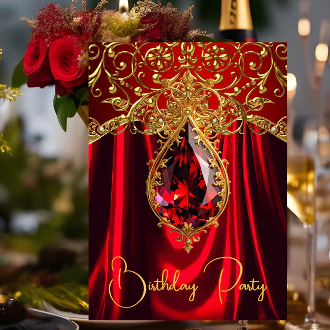 Elegant Exotic Birthday Regal Red Gold Jewel Invitation | Zazzle