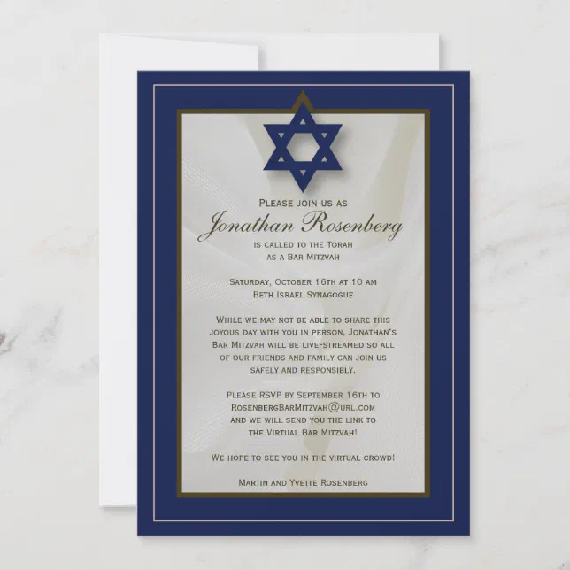 Elegant Fabric Zoom Bar Mitzvah Invitation in Navy | Zazzle