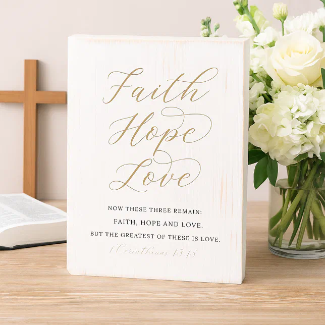 Elegant Faith Hope Love Christian Wooden Box Sign | Zazzle