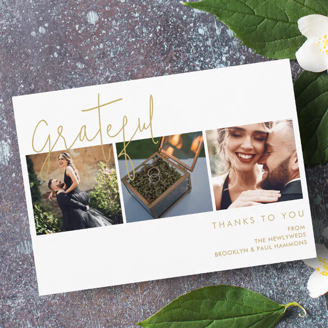 Elegant Fake Gold Effect Grateful 3 Photos Wedding Thank You Card | Zazzle