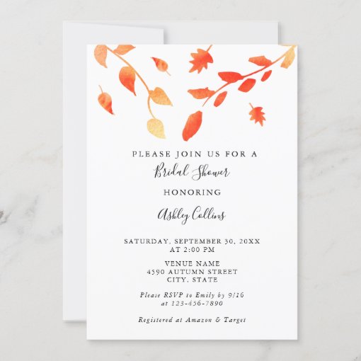 Elegant Fall Autumn Watercolor Foliage Leaves Chic Invitation | Zazzle