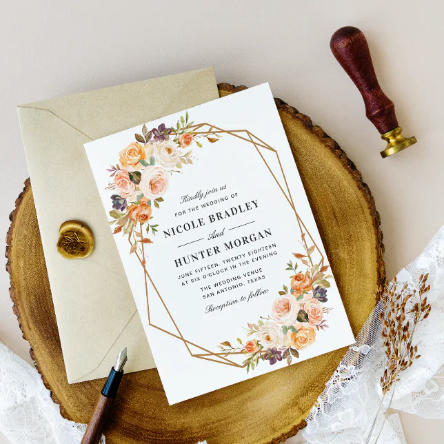 elegant fall floral geometric wedding invitation | Zazzle