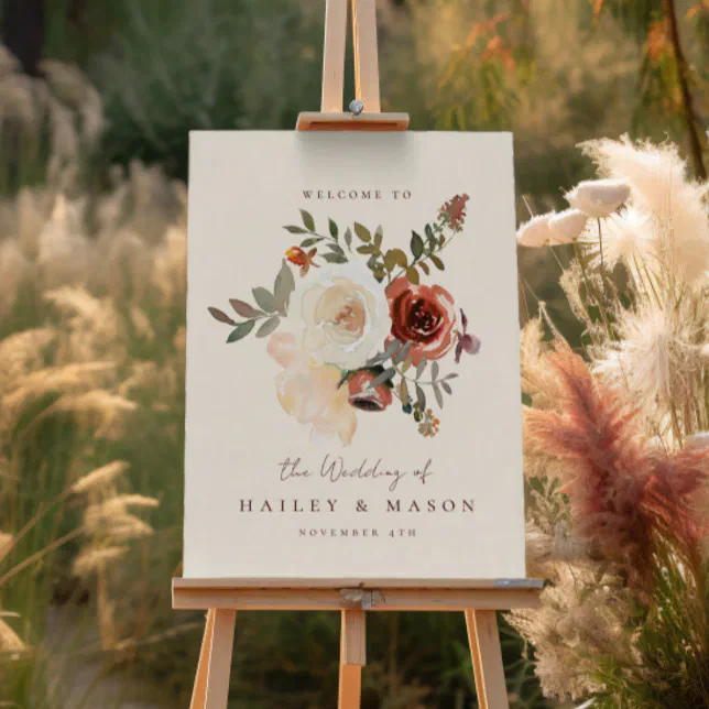 Elegant Fall Floral Red Wedding Welcome Sign | Zazzle