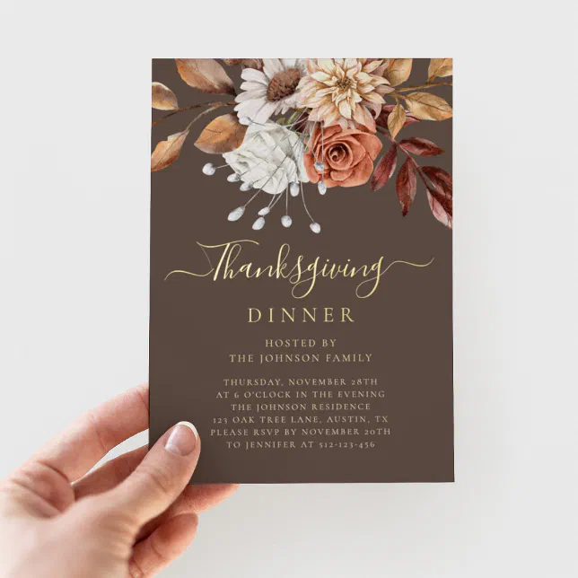 Elegant Fall Floral Thanksgiving Dinner Gold Foil Invitation | Zazzle