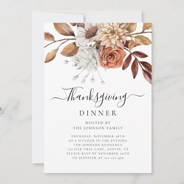 Elegant Fall Floral Thanksgiving Dinner Invitation | Zazzle