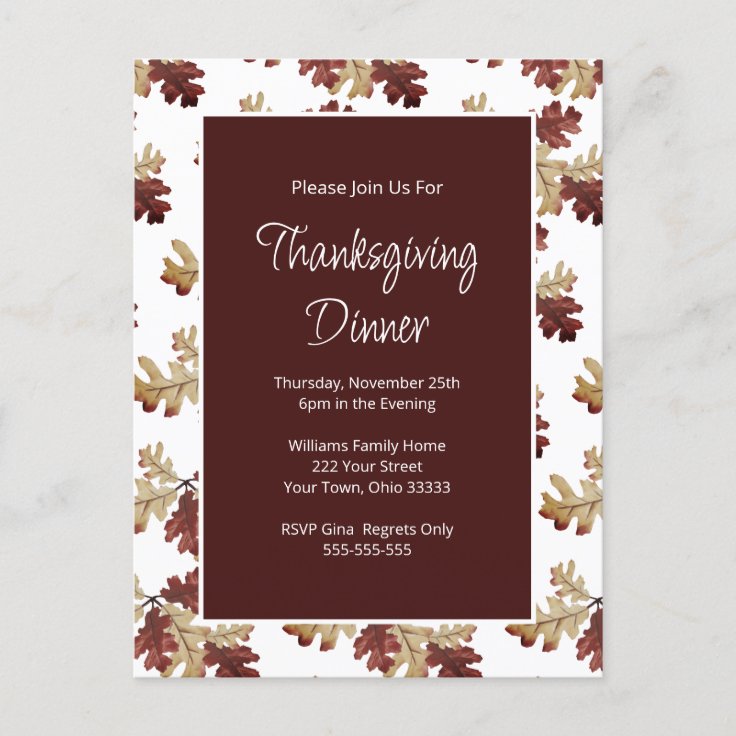 Elegant Fall Foliage Thanksgiving Dinner Postcard | Zazzle