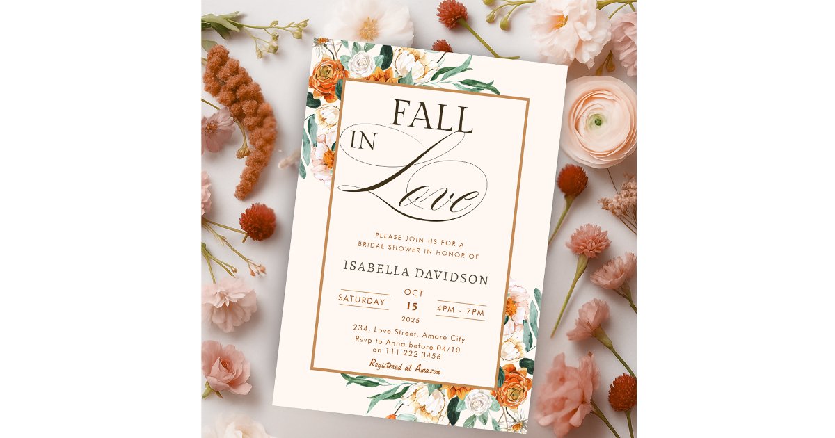 Elegant Fall in Love Bridal Shower Floral Autumn Invitation | Zazzle