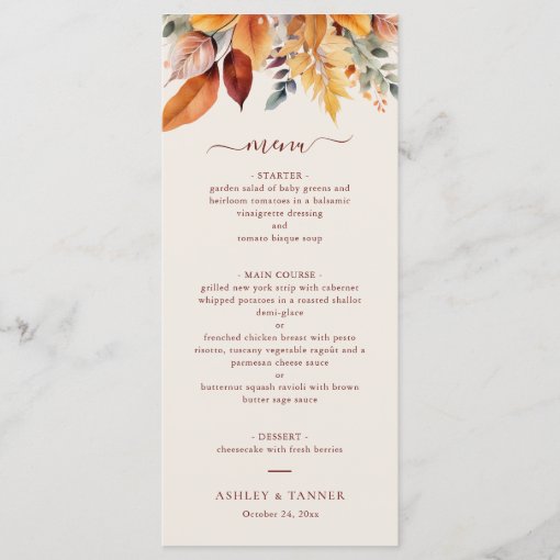 Elegant Fall Leaves Autumn Wedding Menu | Zazzle
