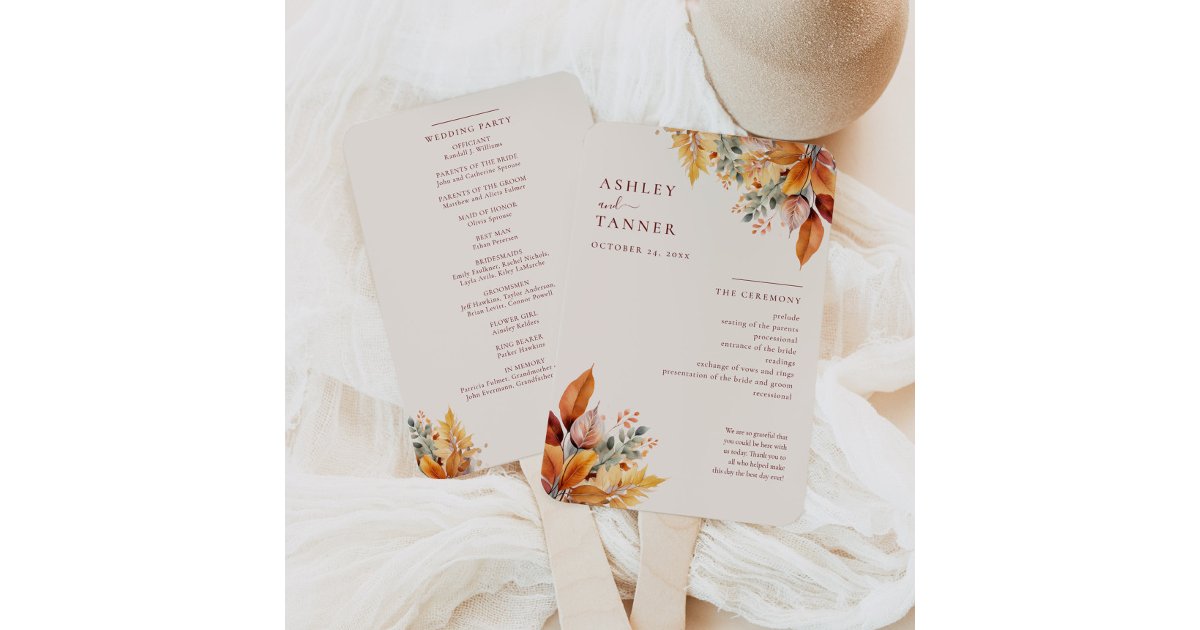 Elegant Fall Leaves Autumn Wedding Program Hand Fan | Zazzle