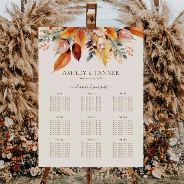Elegant Fall Leaves Autumn Wedding Seating Chart Foam Board | Zazzle
