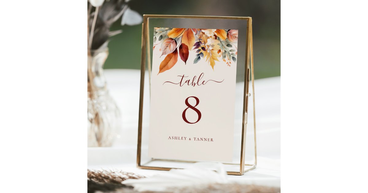 Elegant Fall Leaves Autumn Wedding Table Number | Zazzle