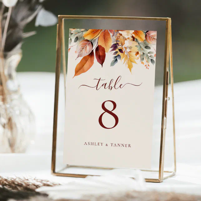 Elegant Fall Leaves Autumn Wedding Table Number | Zazzle