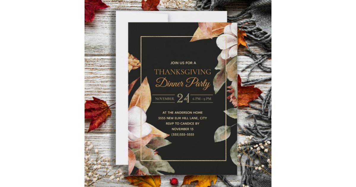 Elegant Fall Leaves Black Thanksgiving Dinner Invitation | Zazzle