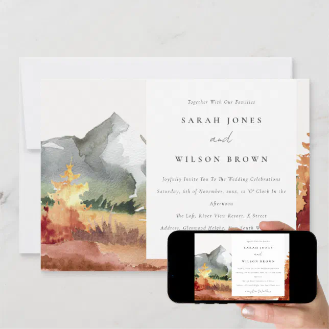 Elegant Fall Rust Orange Mountain Trees Wedding Invitation | Zazzle