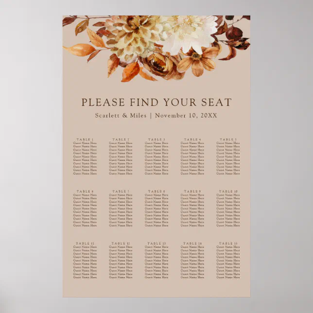 Elegant Fall Wedding Seat Chart | Zazzle
