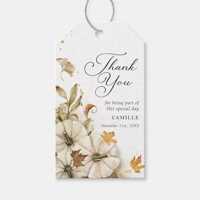 Elegant Fall White Pumpkin Thank you Gift Tags | Zazzle