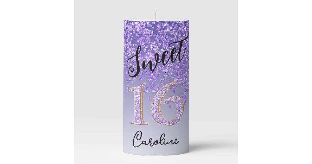 Elegant Falling Purple Glitter & Glitter Number 16 Pillar Candle | Zazzle