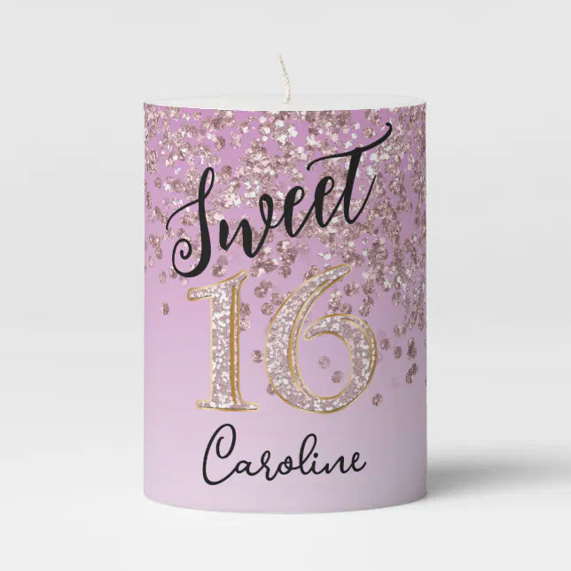 Elegant Falling Rose Gold Glitter Sweet 16 Pillar Candle | Zazzle