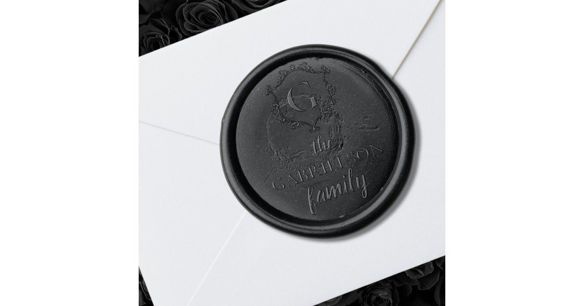 Elegant Family Crest Monogram & Name Black Wax Seal Sticker | Zazzle