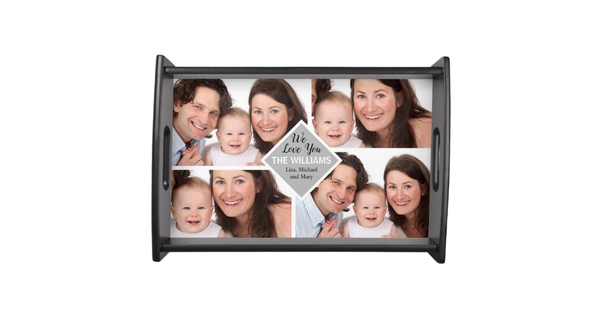 Elegant Family Four Photos Name Script Serving Tray | Zazzle