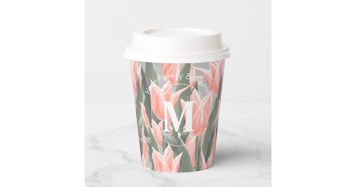 Elegant Family Name Monogram Peach Tulips Painting Paper Cups | Zazzle