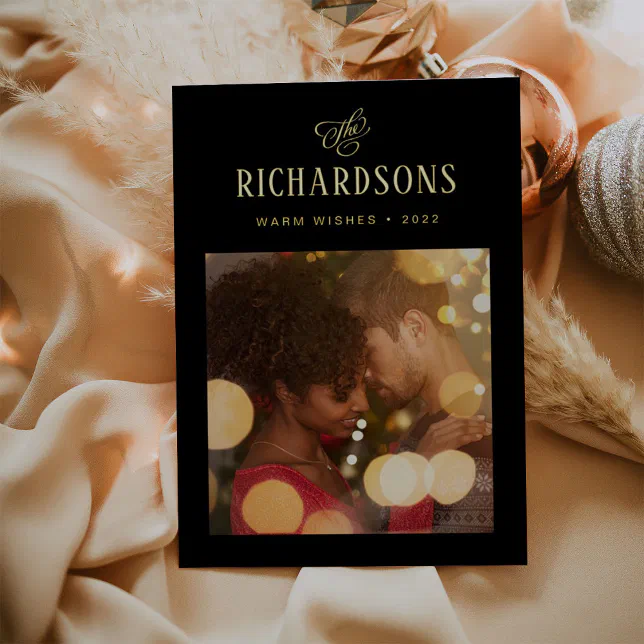 Elegant Family Photo and Name | Warm Wishes Foil Holiday Card | Zazzle