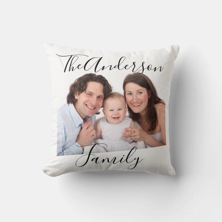 Elegant Family Photo Name Script Throw Pillow | Zazzle