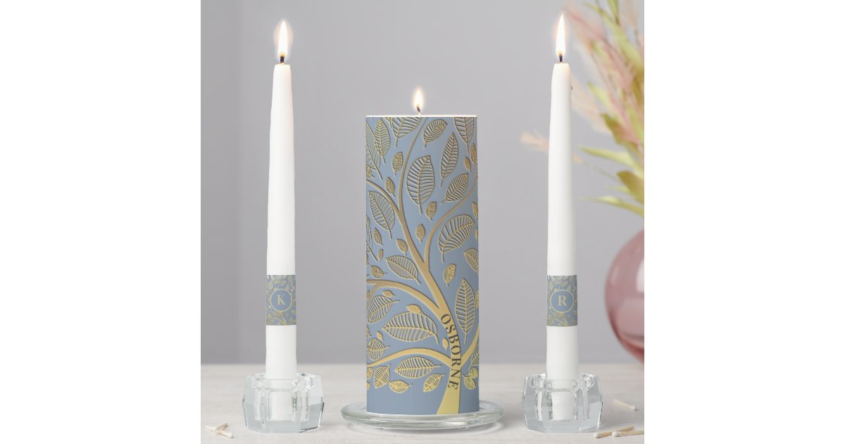 Elegant Family Tree Gold Leaf Pattern Dusty Blue Unity Candle Set | Zazzle