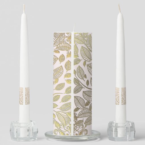 Elegant Family Tree Gold Leaf Pattern on Blush Unity Candle Set | Zazzle