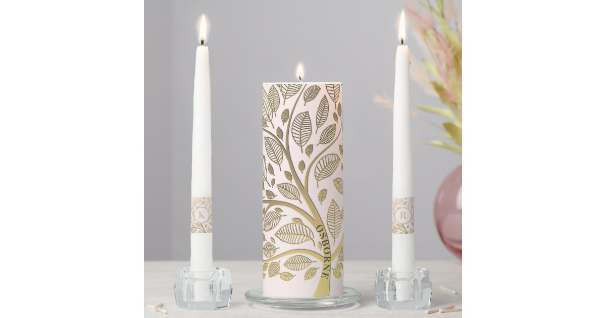 Elegant Family Tree Gold Leaf Pattern on Blush Unity Candle Set | Zazzle