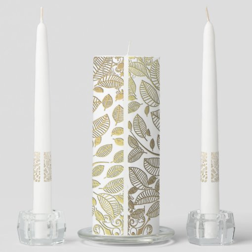 Elegant Family Tree Gold Leaf Pattern on White Unity Candle Set | Zazzle