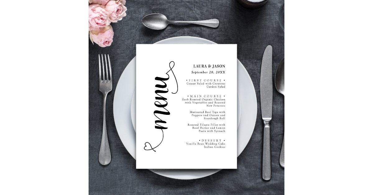 Elegant Fancy Script Wedding Menu Card For Plate | Zazzle
