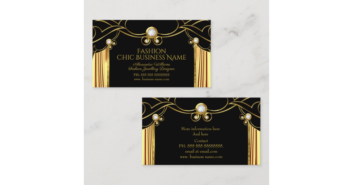 Elegant Fashion Jewellery Designer Gold Black Business Card | Zazzle