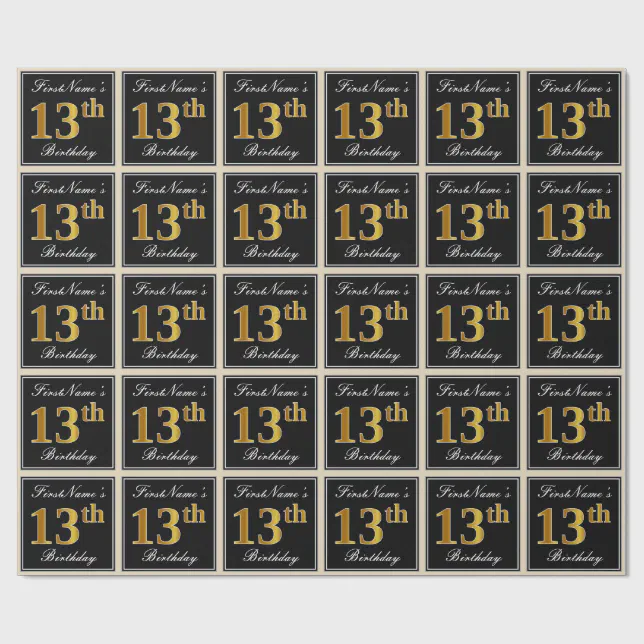 Elegant, Faux Gold 13th Birthday + Custom Name Wrapping Paper | Zazzle