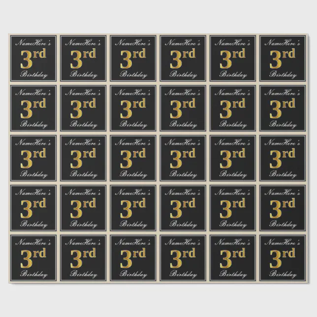 Elegant, Faux Gold 3rd Birthday + Custom Name Wrapping Paper | Zazzle