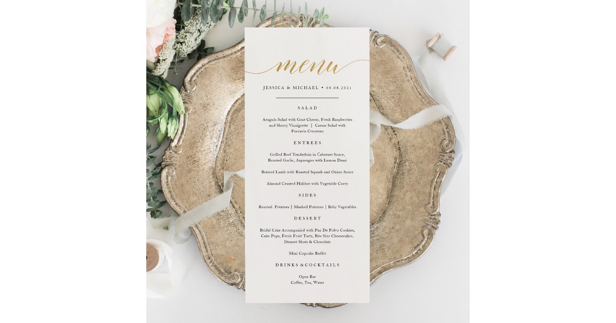 Elegant Faux Gold Calligraphy Menu Card | Zazzle