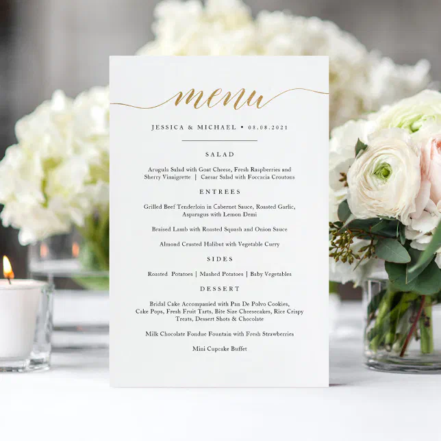 Elegant Faux Gold Calligraphy Menu Card | Zazzle