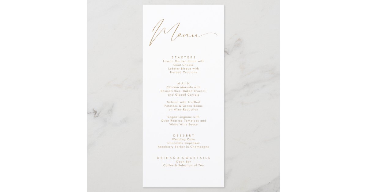 Elegant Faux Gold Calligraphy Script Wedding Menu | Zazzle