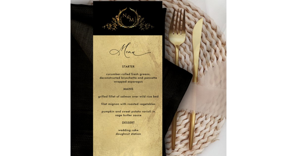 Elegant Faux Gold Foil Monogrammed Wedding Menu | Zazzle